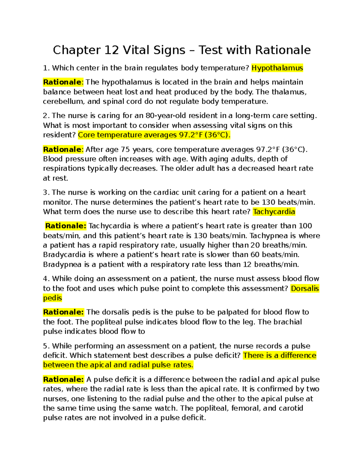 Chapter 12 Vital Signs: Test Questions with Rationale - Studocu