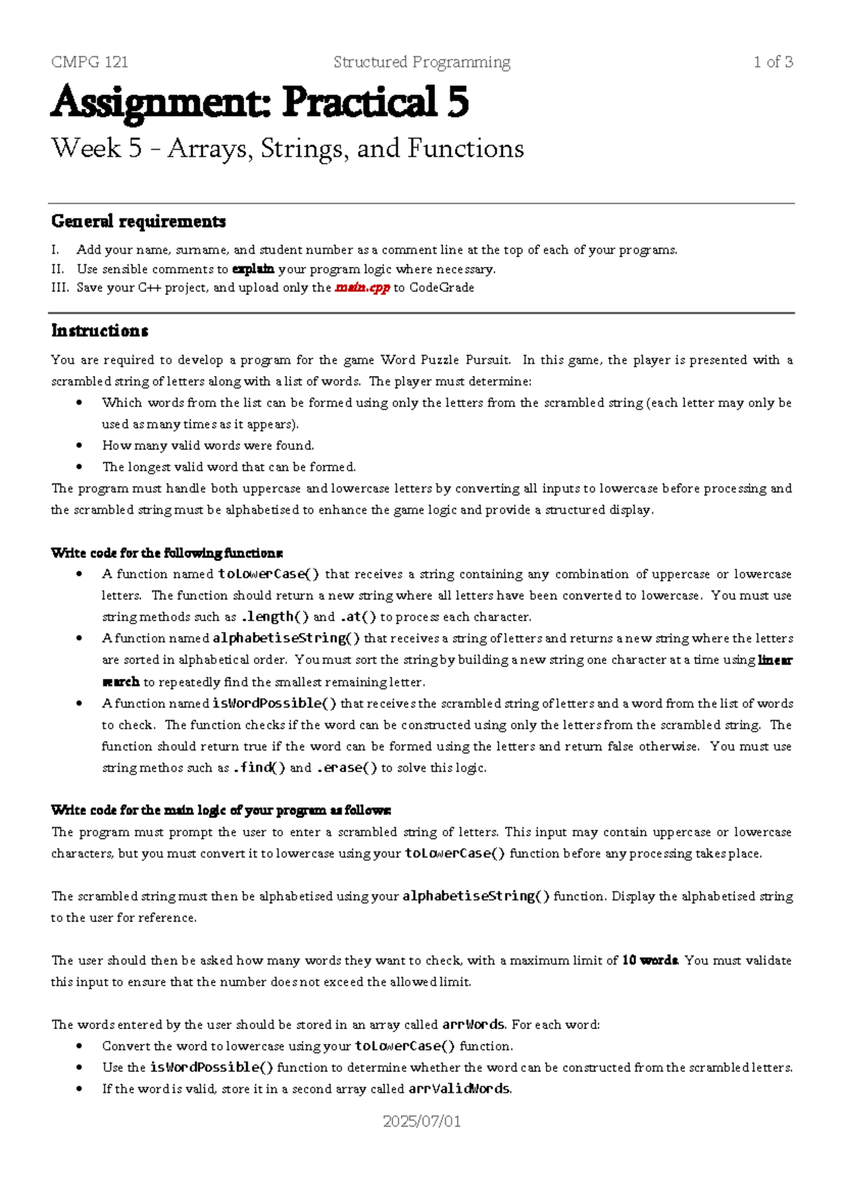 CMPG 121 Practical 5: Word Puzzle Pursuit with Arrays & Functions - Studocu