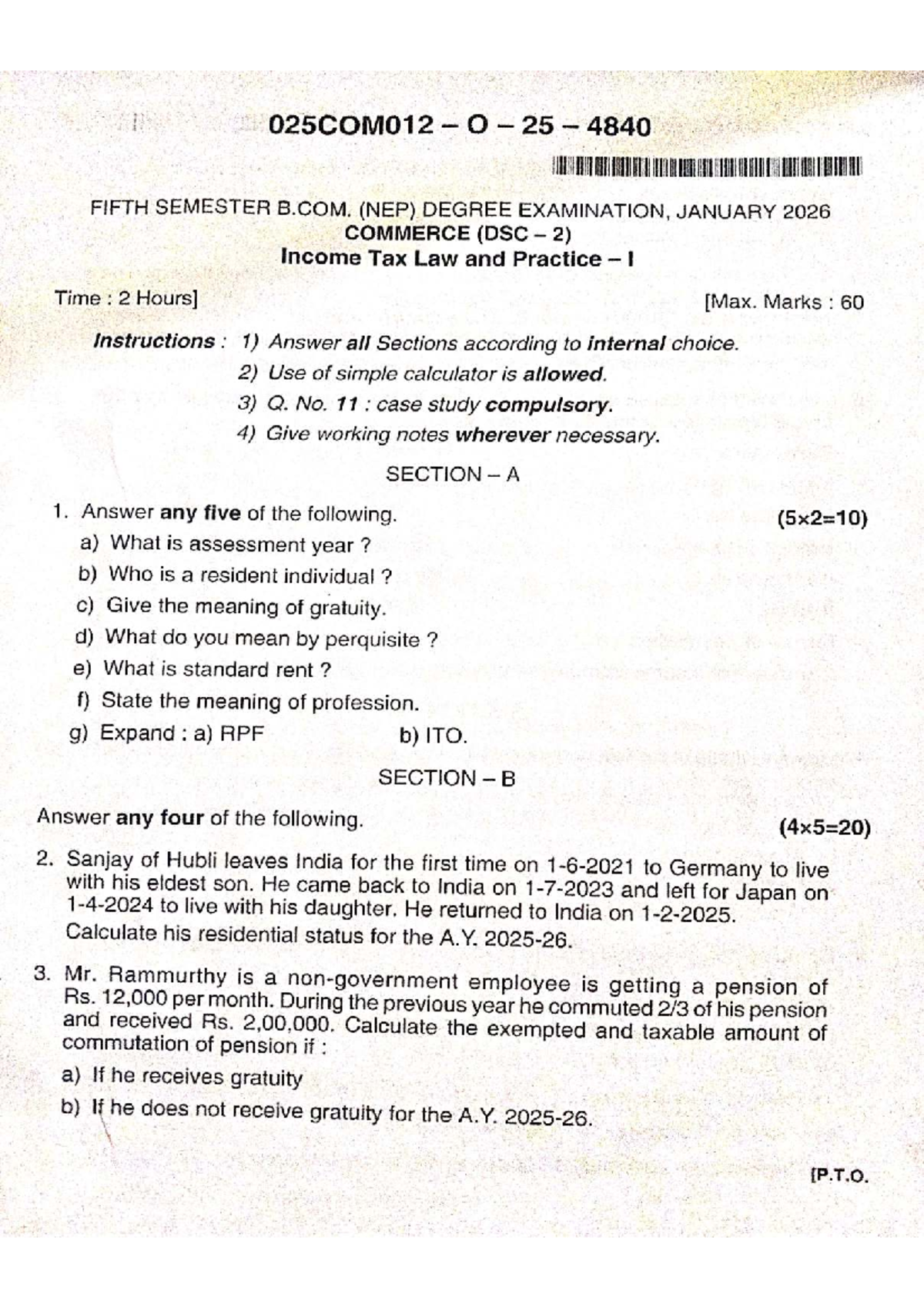 025COM012 Income Tax Law & Practice I - 5th Sem B.Com Exam Jan 2026 ...