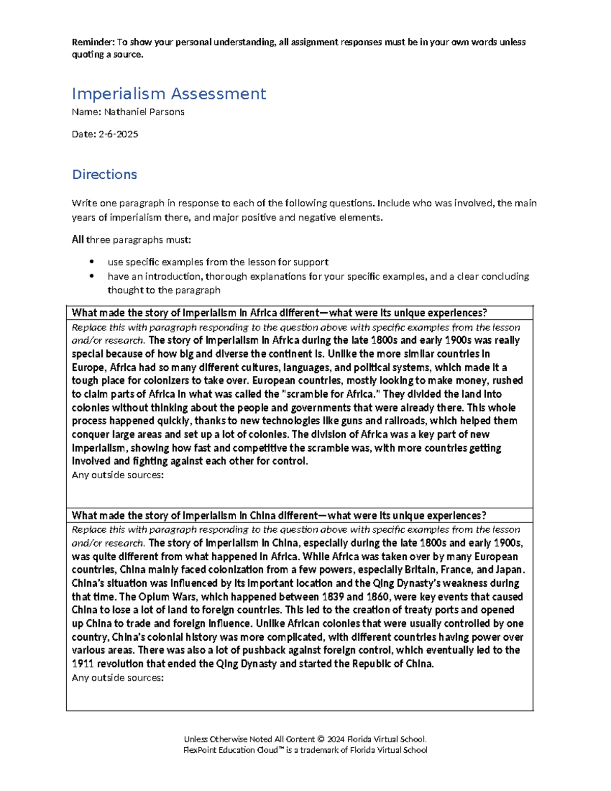 Imperialism Assessment: Unique Experiences in Africa & China - Studocu