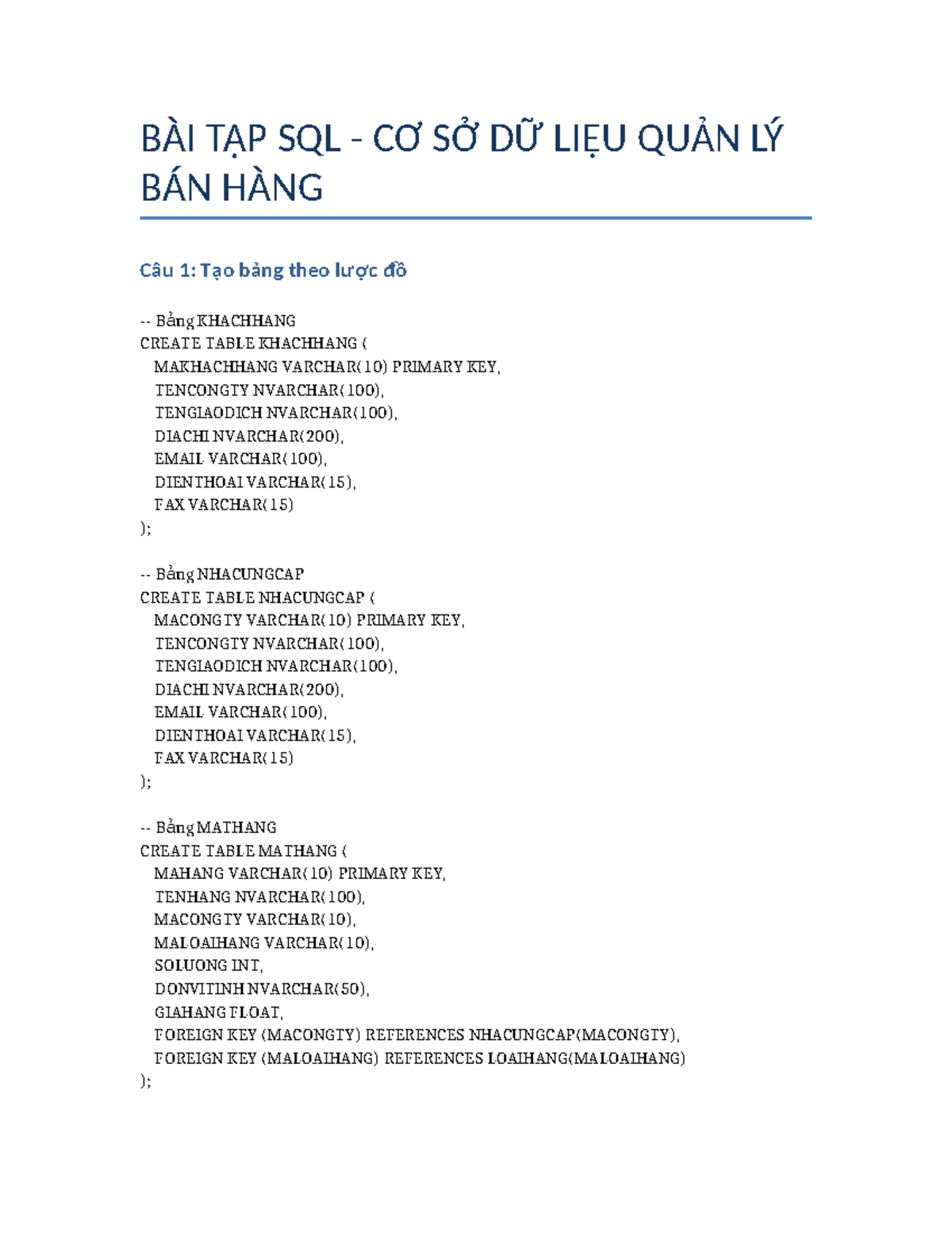 BÀI TẬP SQL CƠ SỞ DỮ LIỆU QUẢN LÝ BÁN HÀNG (MKT 3600) - Studocu