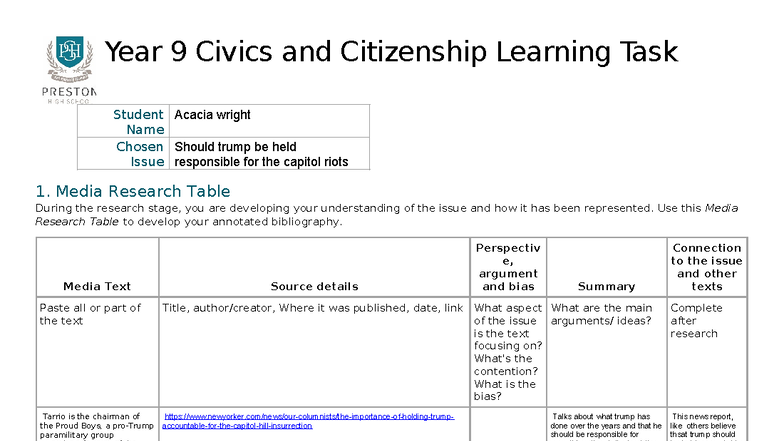 Year 9 Civics Learning Task: Analyzing Trump's Responsibility for ...