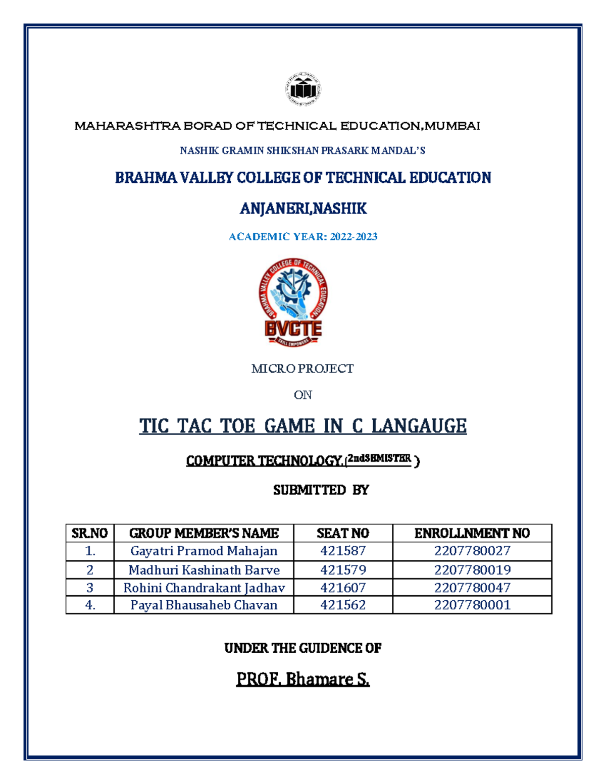 C Programming Microproject: Tic Tac Toe Game in C (CT 2nd Sem) - Studocu