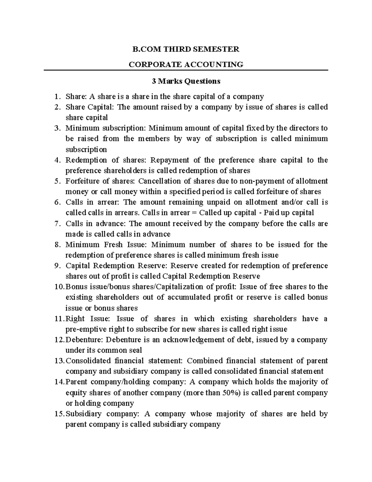 B.COM 3rd SEM Corporate Accounting Notes: Key Concepts & 3 Marks Qs ...