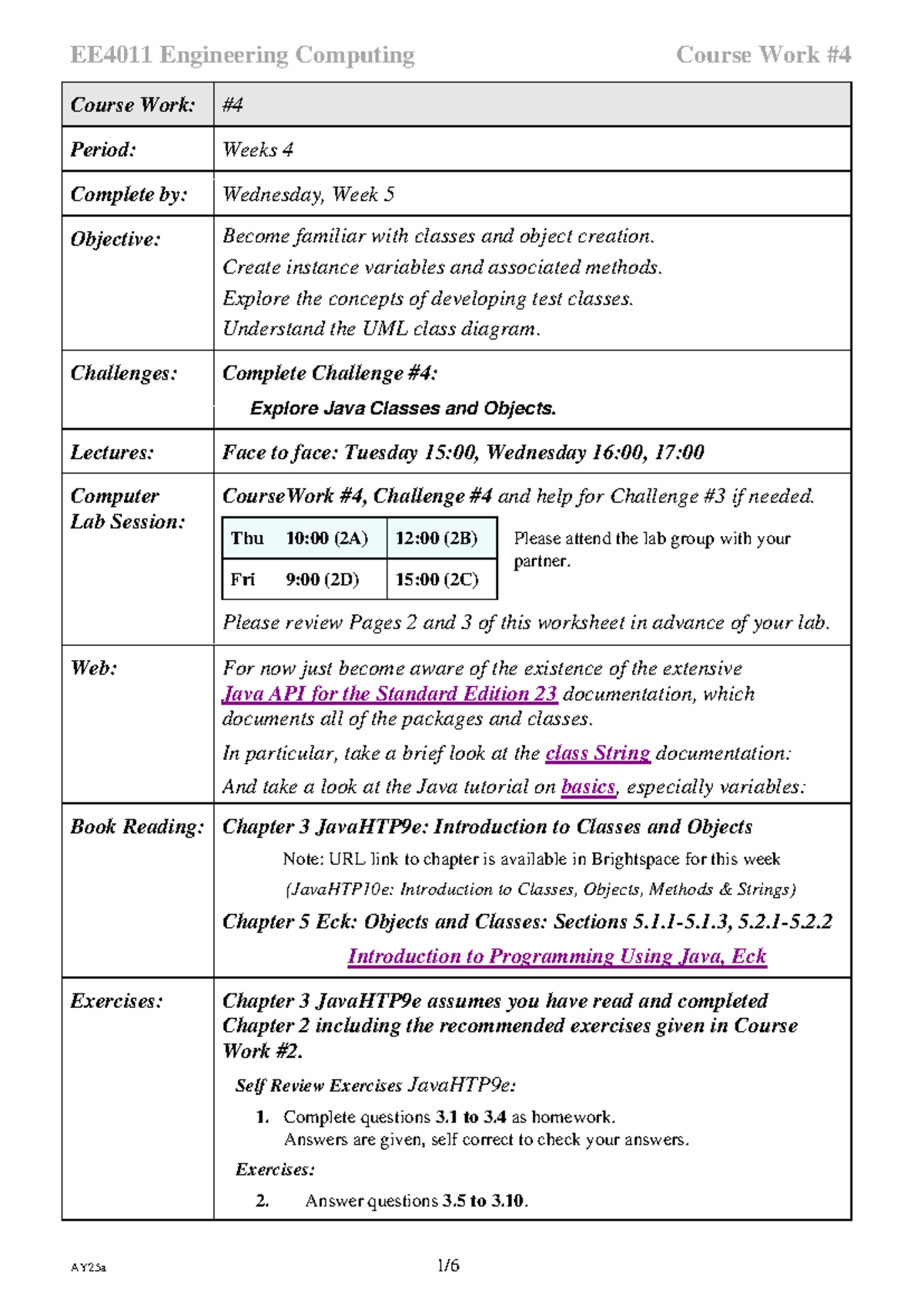 EE4011 Engineering Computing Course Work 4: Java Classes & Objects ...