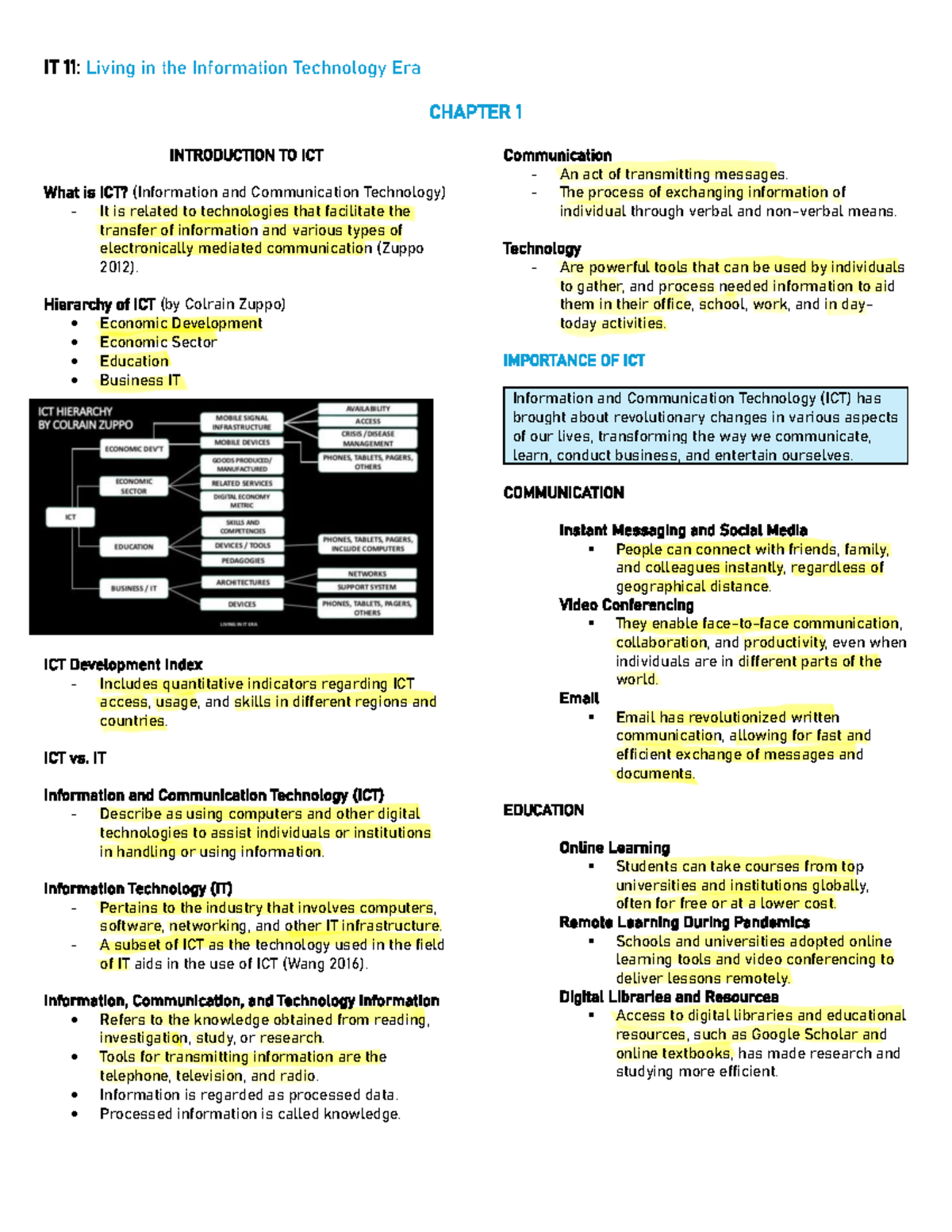 IT 11: Chapter 1 - Introduction to ICT and Its Importance - Studocu