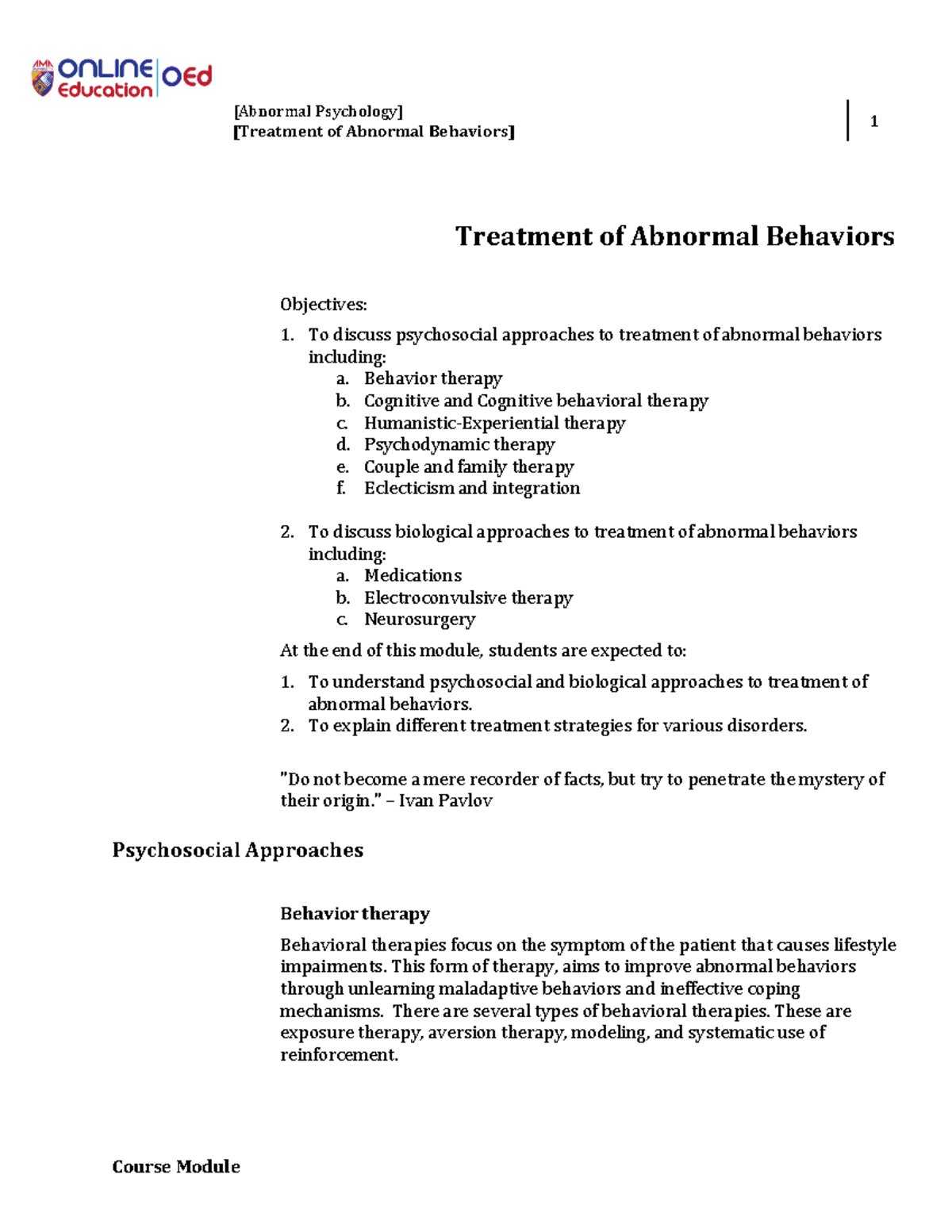 W14-Module 14 Treatment of Abnormal Behaviors - [Abnormal Psychology ...