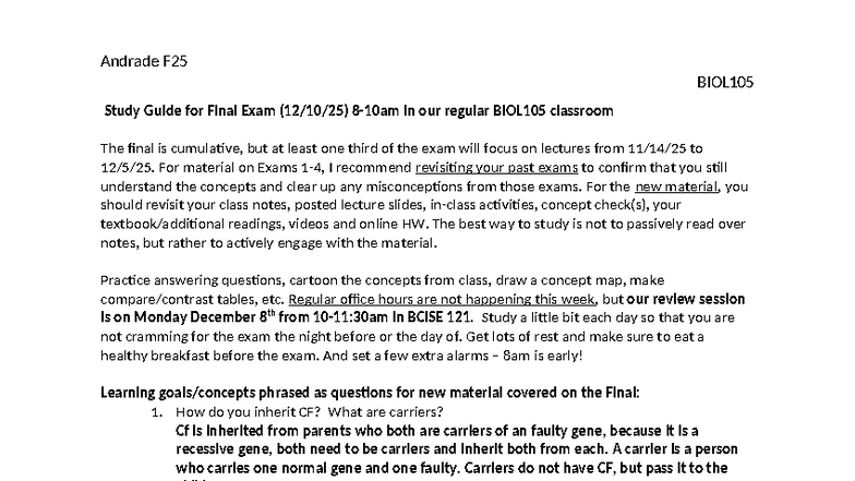 Andrade F25 BIOL105 Cumulative Final Exam Study Guide - Studocu