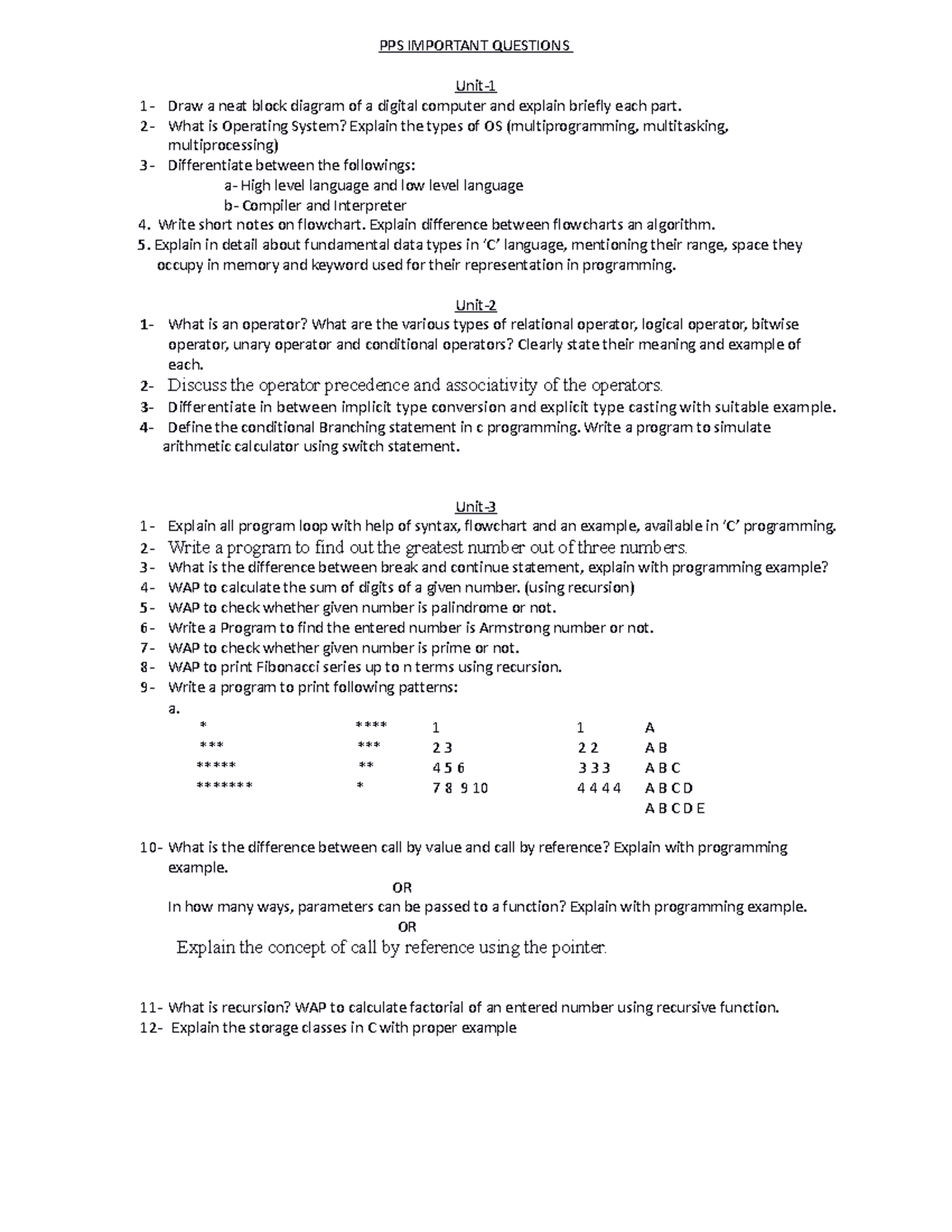 PPS: Important Unit Wise Questions on C Programming Concepts - Studocu