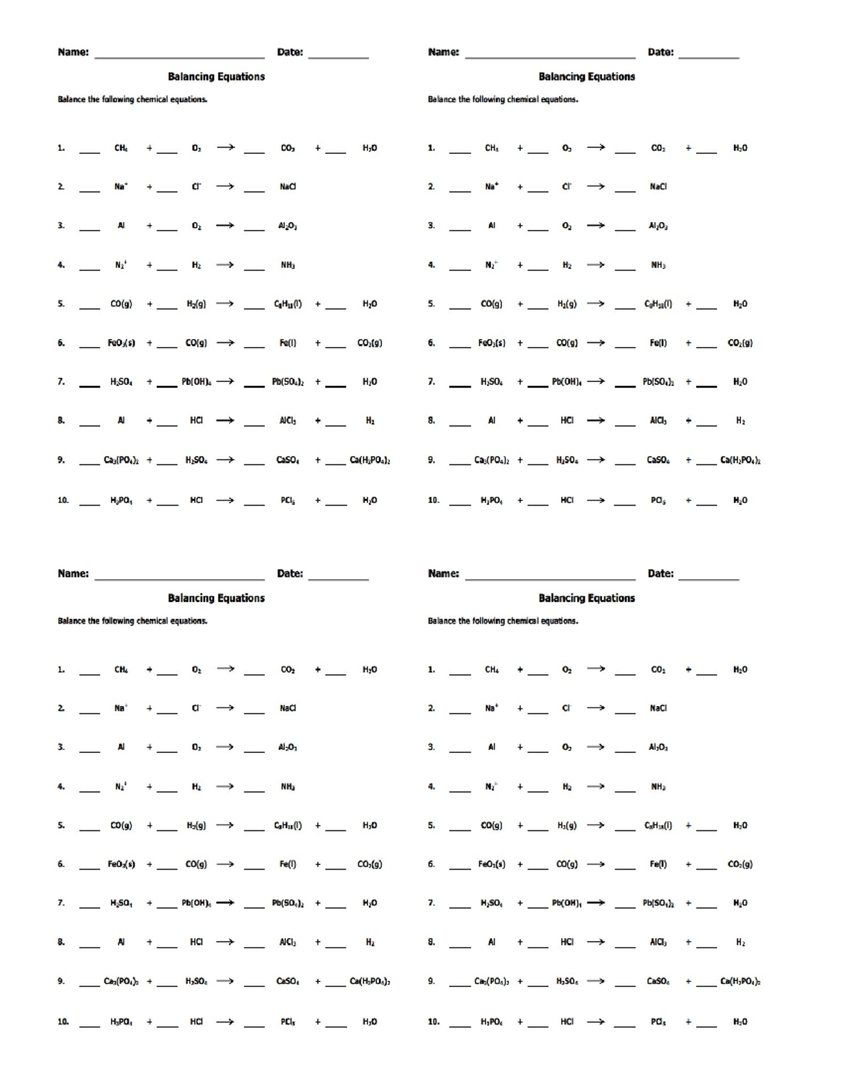 Balancing Equations - Balance the following chemical equations. 1. CH4 ...