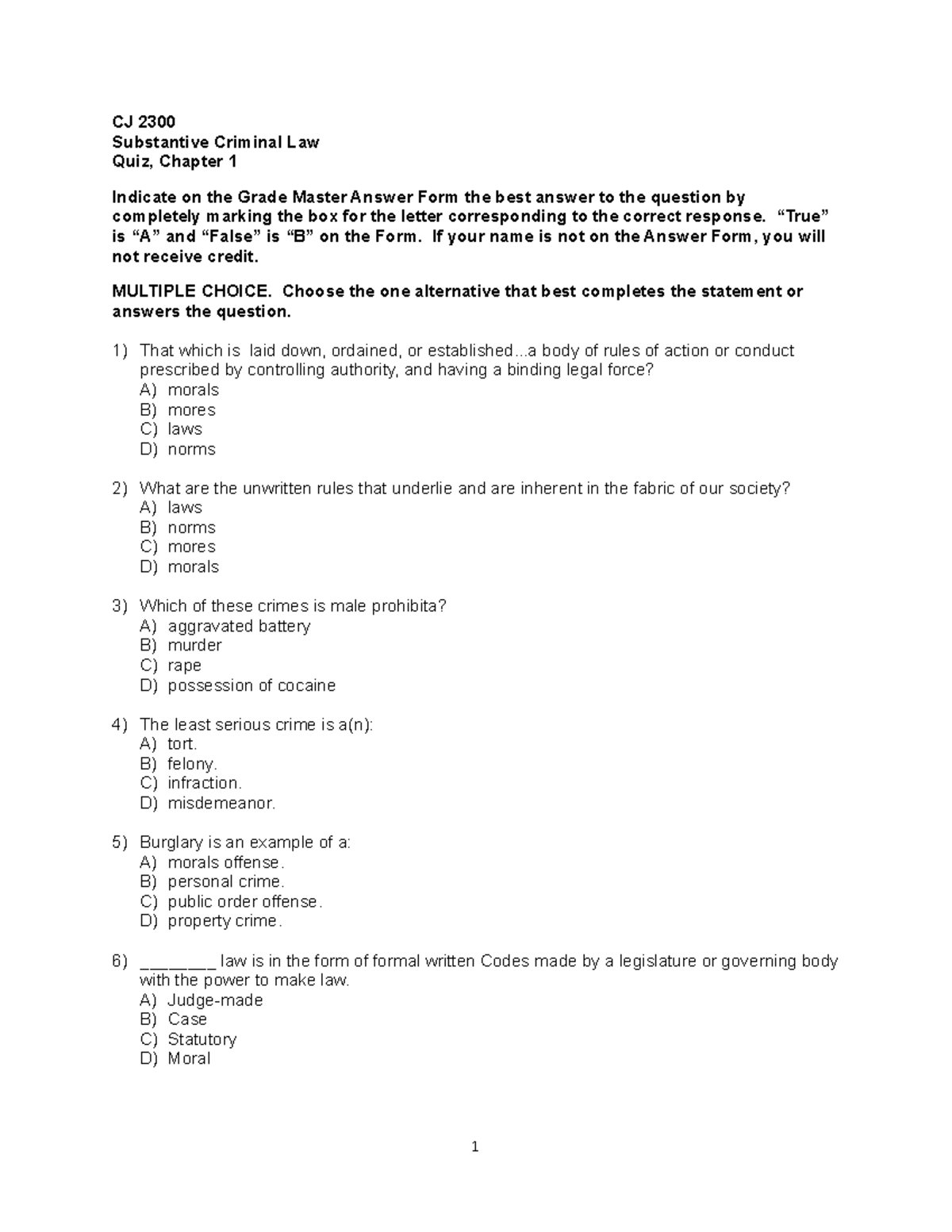 CJ 2300 Quiz: Key Concepts from Substantive Criminal Law Chapter 1 ...