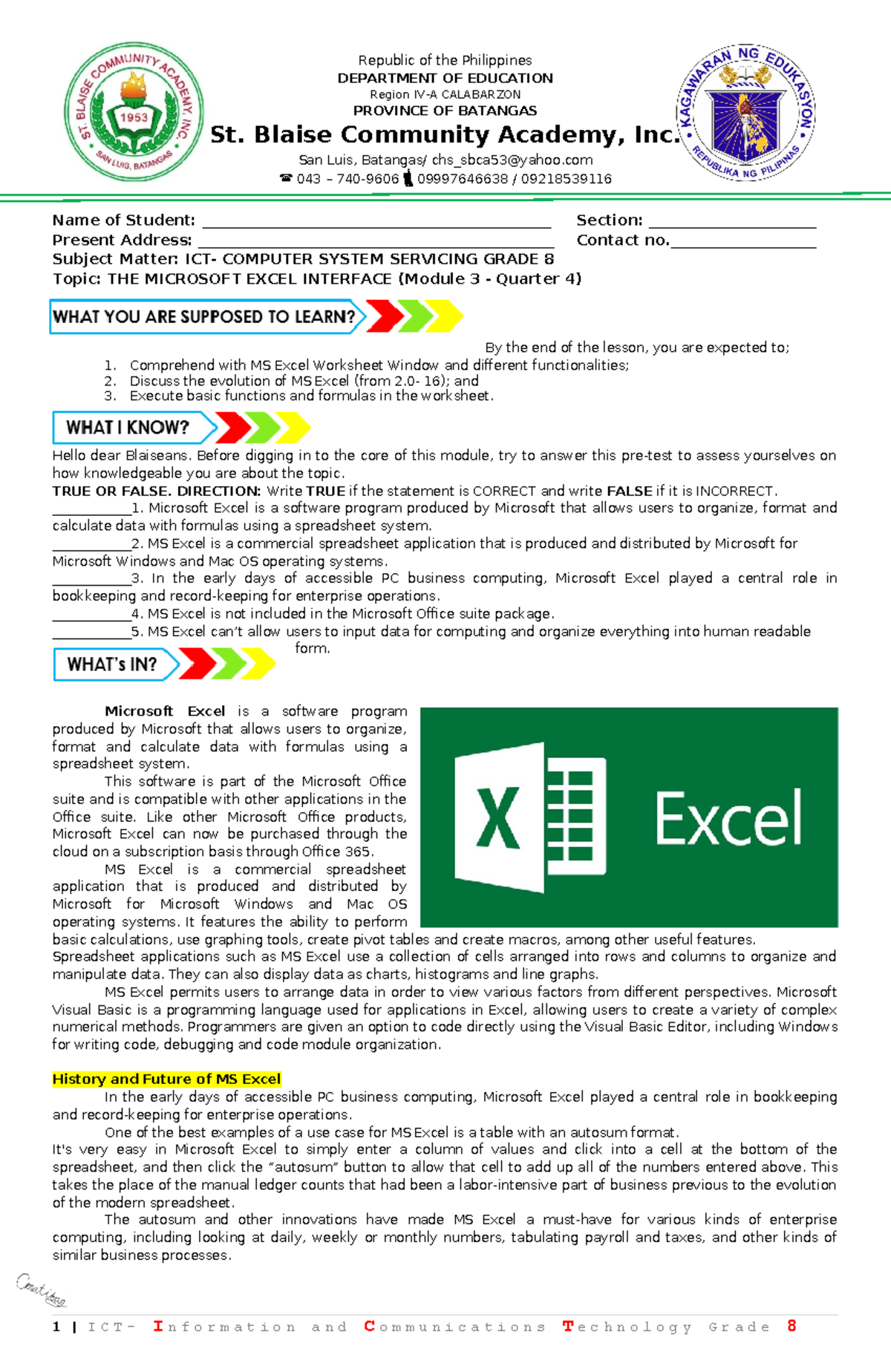 Module 3 Q4: Understanding the MS Excel Interface for ICT Grade 8 - Studocu