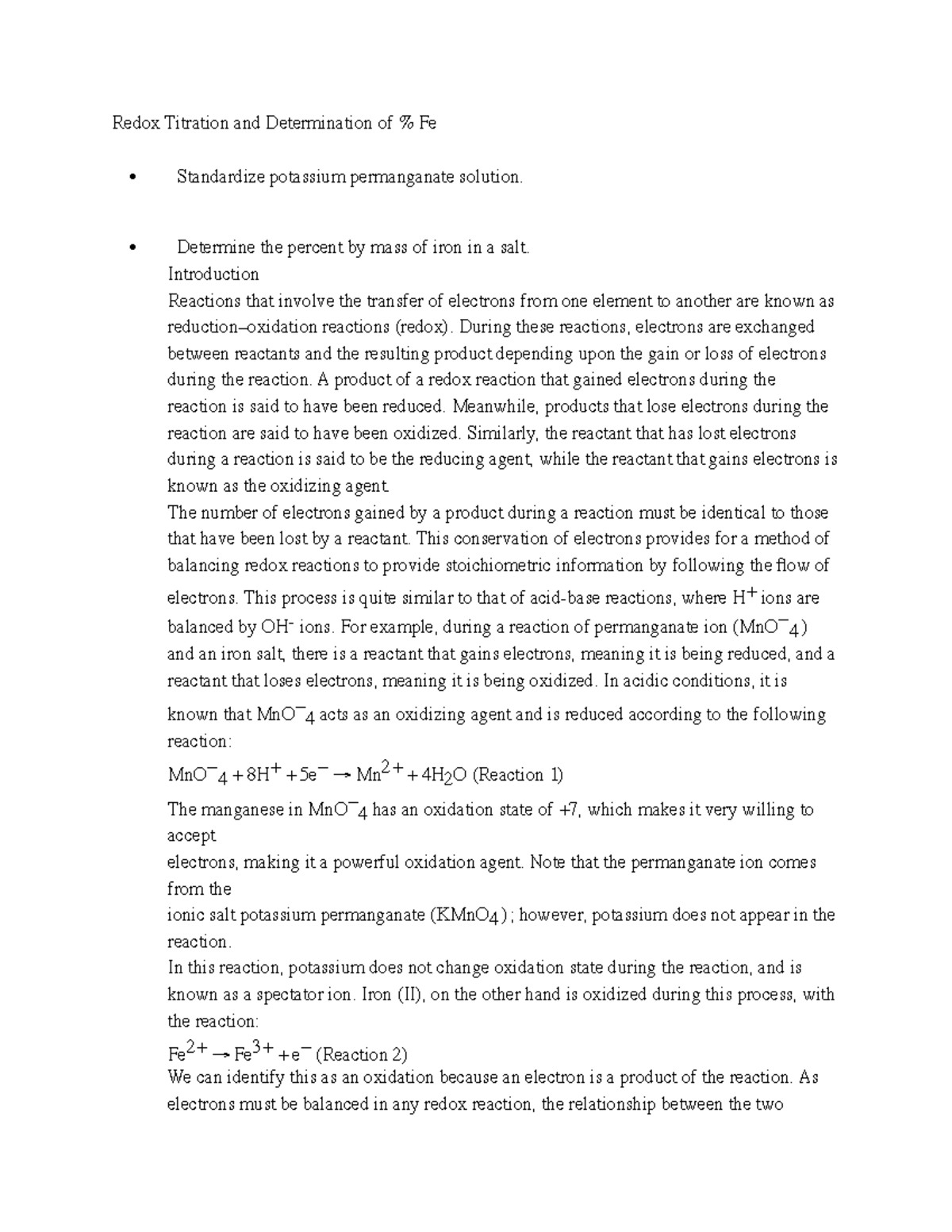 Lab Report 8: Redox Titration and % Fe Determination Analysis - Studocu