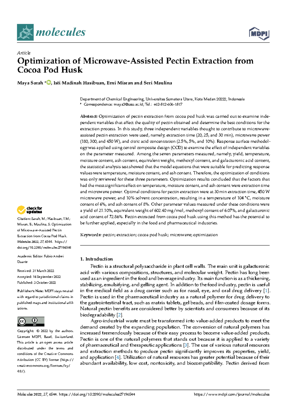 Optimization of Pectin Extraction from Cocoa Pod Husk (CHE-2022) - Studocu