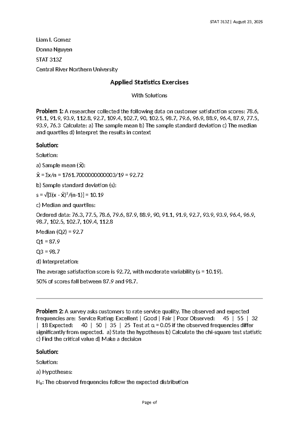 STAT 313Z Applied Statistics Exercises with Solutions - Studocu