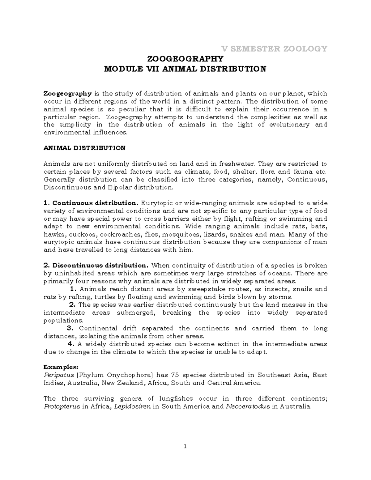 Animal Distribution in Zoogeography - V Semester Zoology - Studocu
