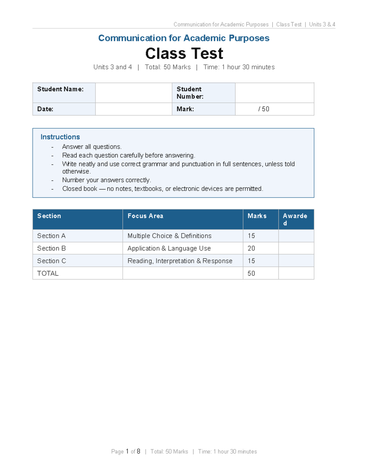 Communication for Academic Purposes Class Test Units 3 & 4 - Studocu