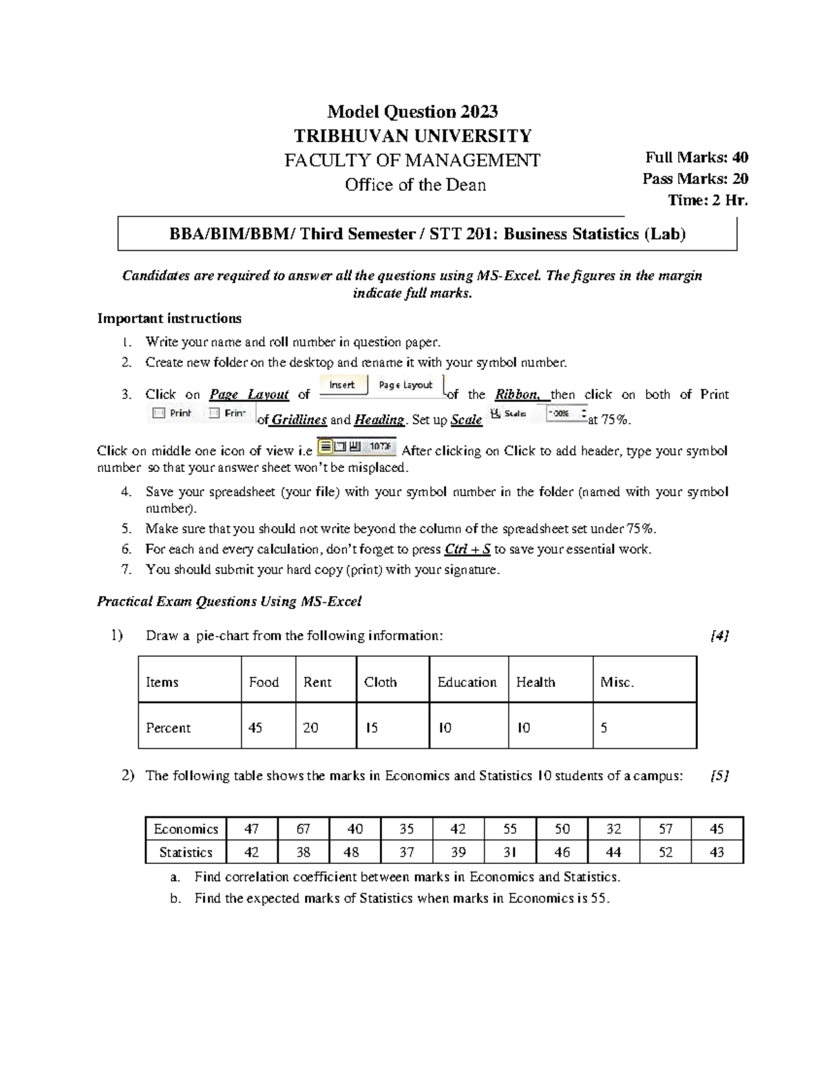Model Question STT 201: Business Statistics Lab - 3rd Sem 2023 - Studocu
