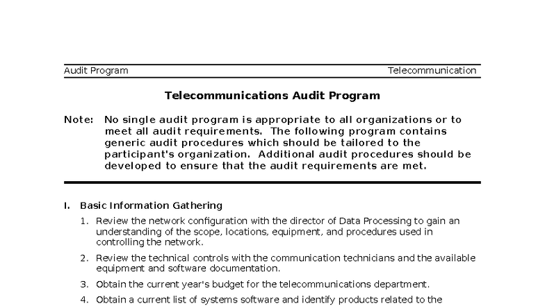 Telecom Audit Program: Generic Procedures & Security Controls - Studocu