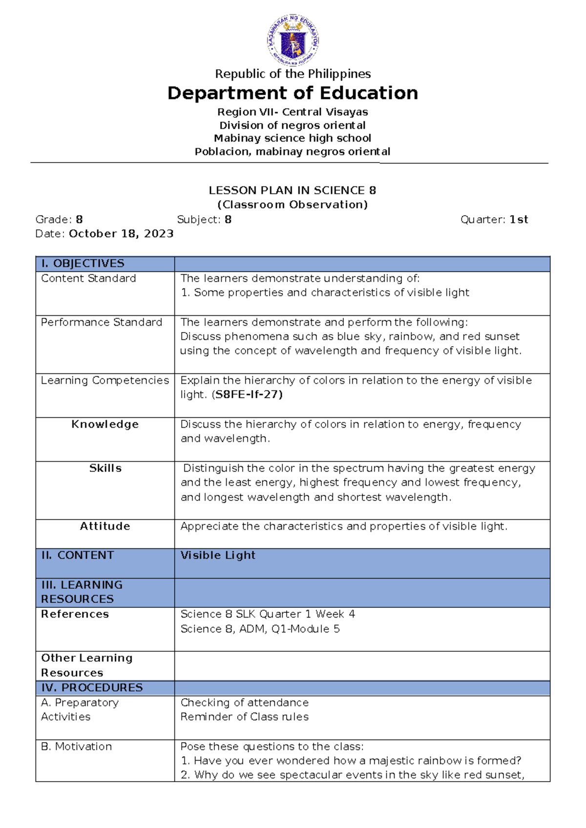Lesson Plan on Visible Light for Science 8 (1st Quarter) - Studocu