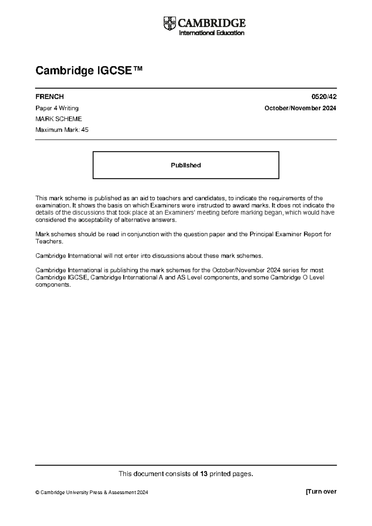 Cambridge IGCSE FRENCH Paper 4 Writing 2024 Mark Scheme - Studocu