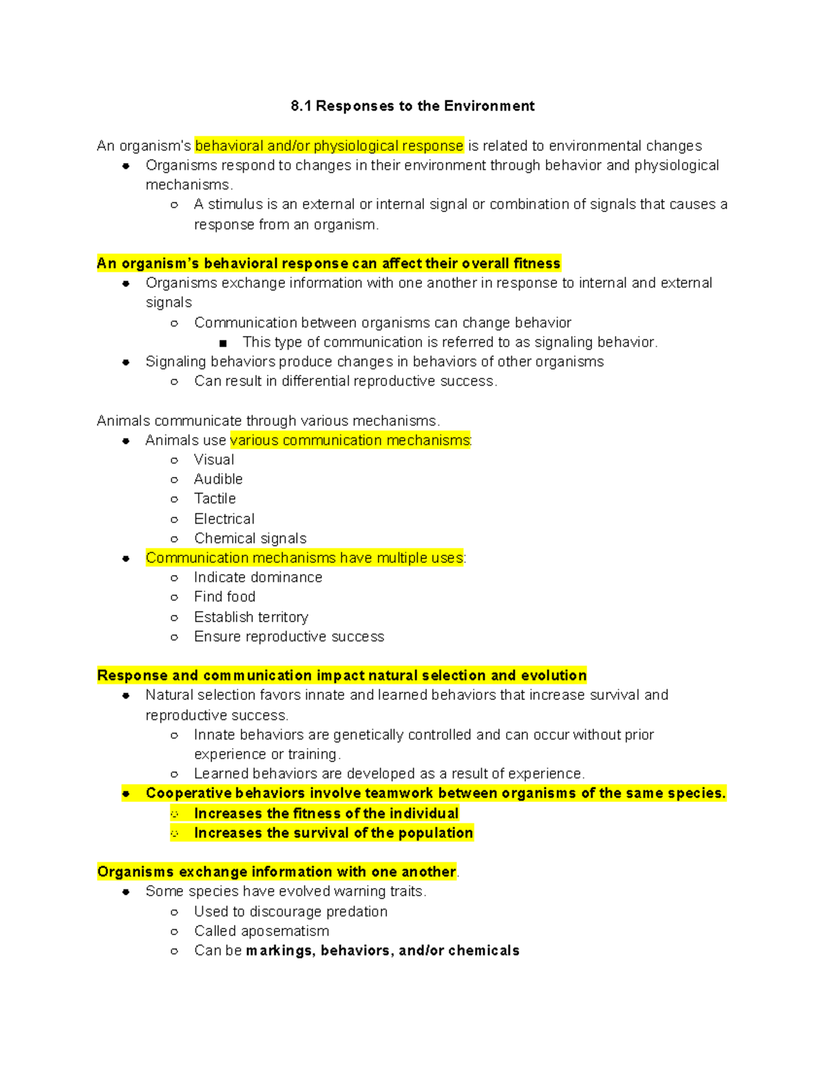 AP Biology UNit 8 - Study Guide assignment - 8 Responses to the ...