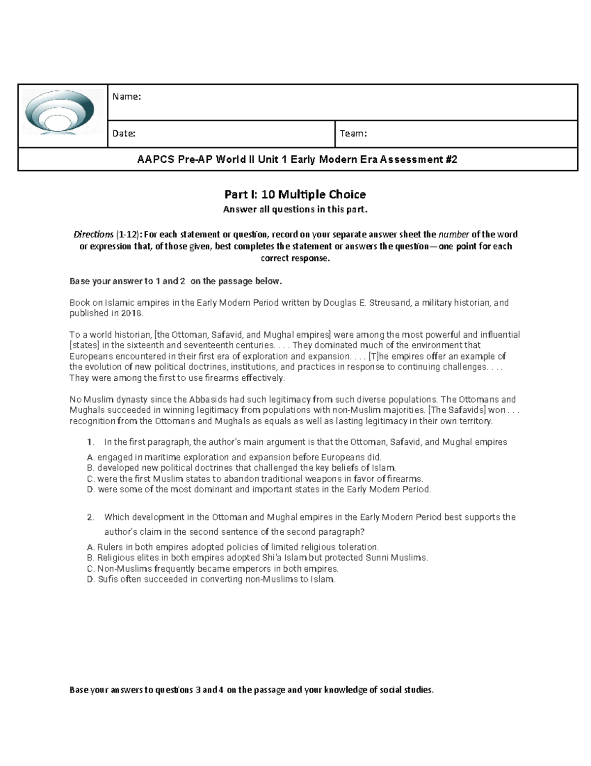 Copy of Aapcs Pre-AP World II Unit 1 Early Modern Era test #2 (Current ...