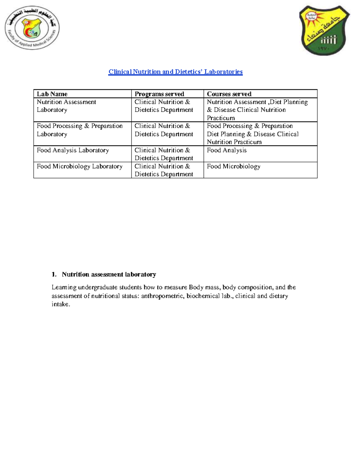 Clinical Nutrition Lab2 Equipment Overview and Specifications - Studocu