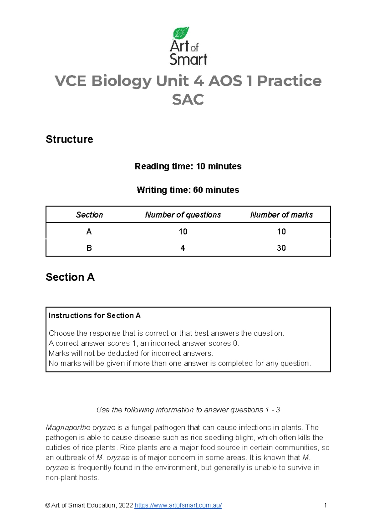 VCE Biology Unit 4 AOS 1 Practice SAC - Immune Response & Pathogens ...