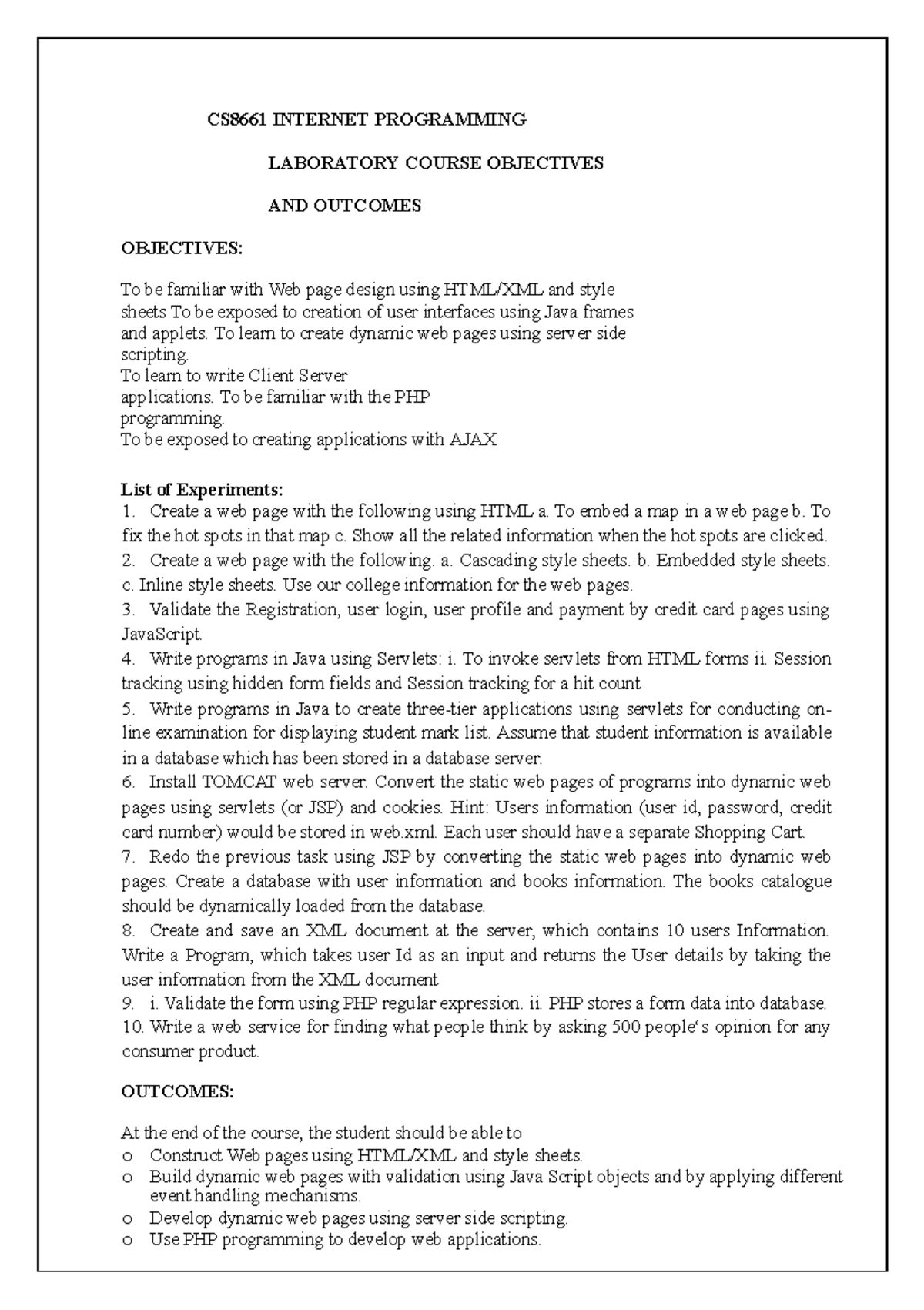 CS8661 Internet Programming Lab Manual: Web Page Design & Scripting - Studocu