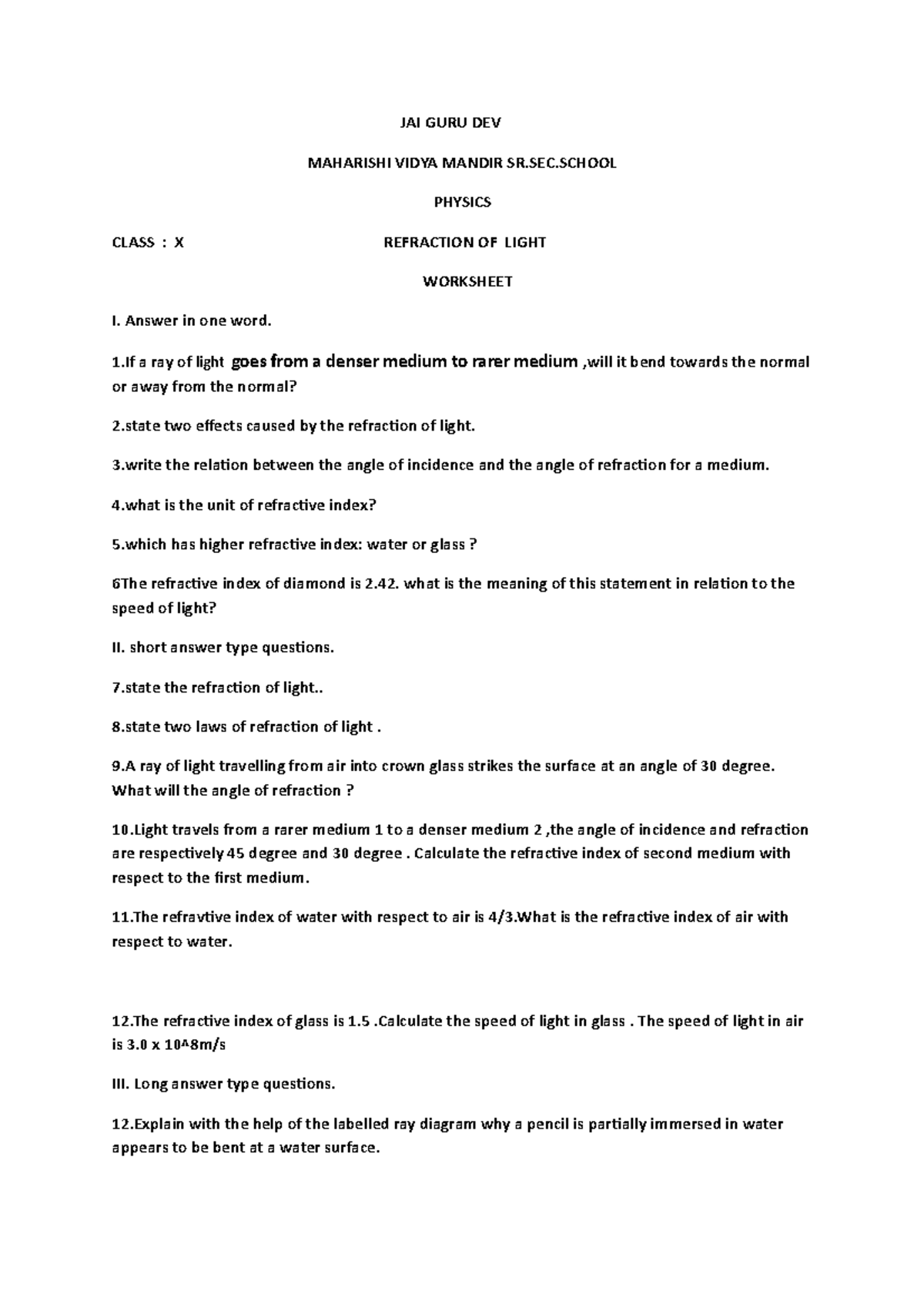 CBSE Class X Refraction of light worksheet With Answer Key - JAI GURU ...