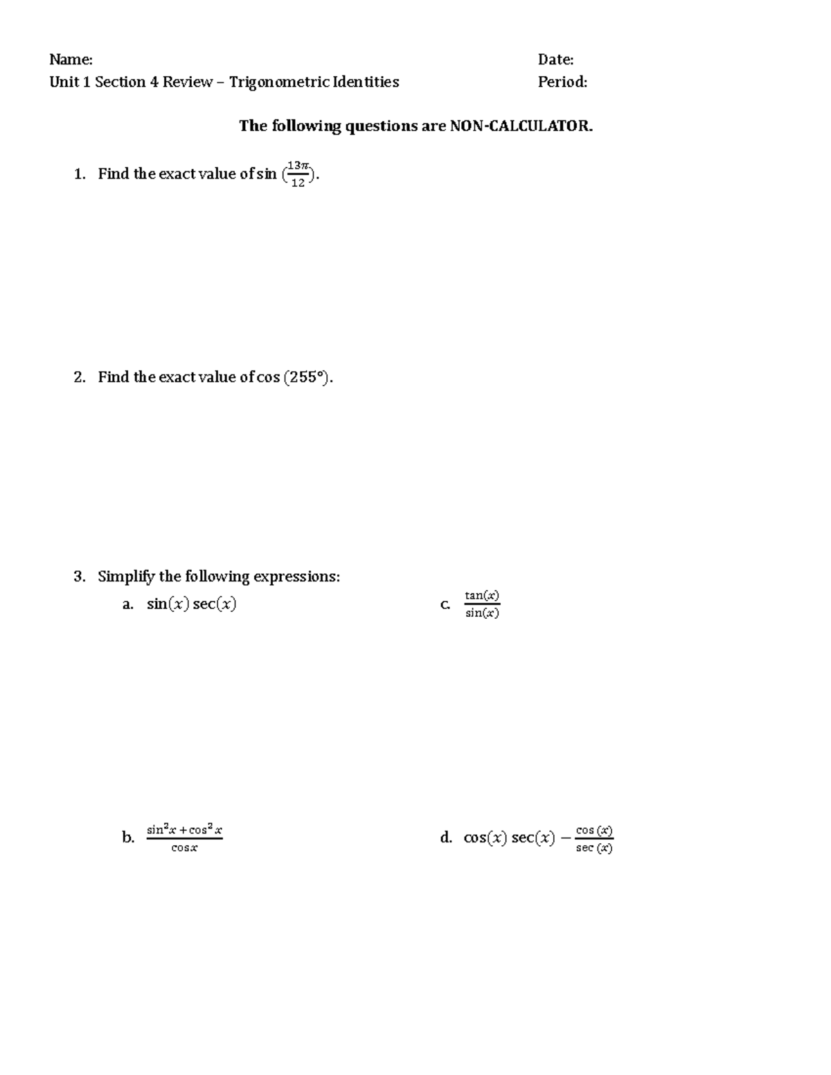 Unit 1 Section 4 Review: Trigonometric Identities & Equations - Studocu