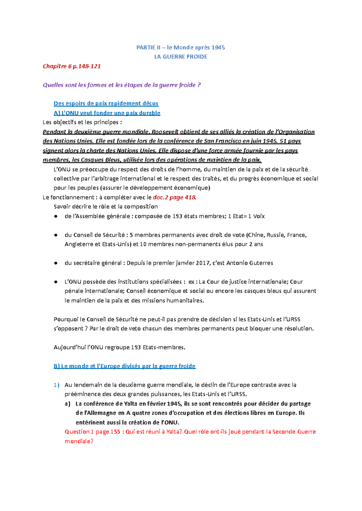 La Guerre froide Résumé I. et exercices - PARTIE II – le Monde après ...