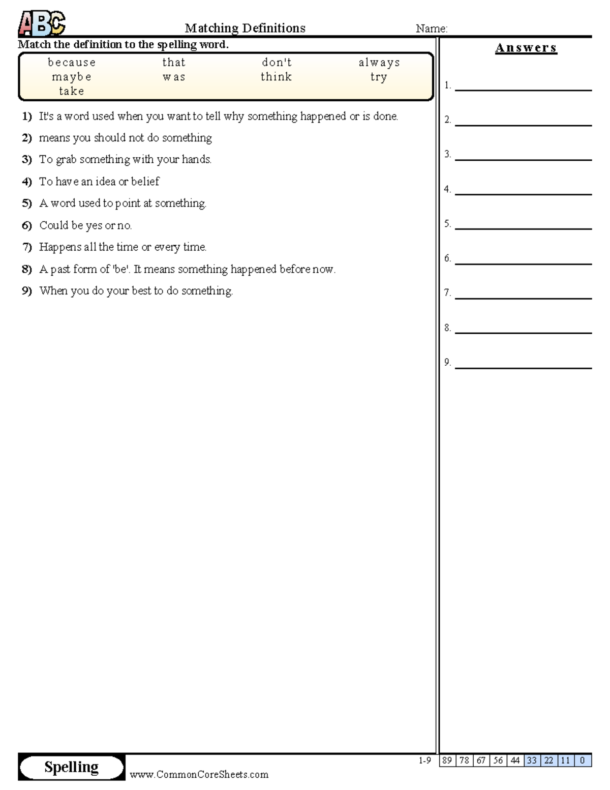 Matching Definitions Worksheet: Spelling Words and Answers - Studocu
