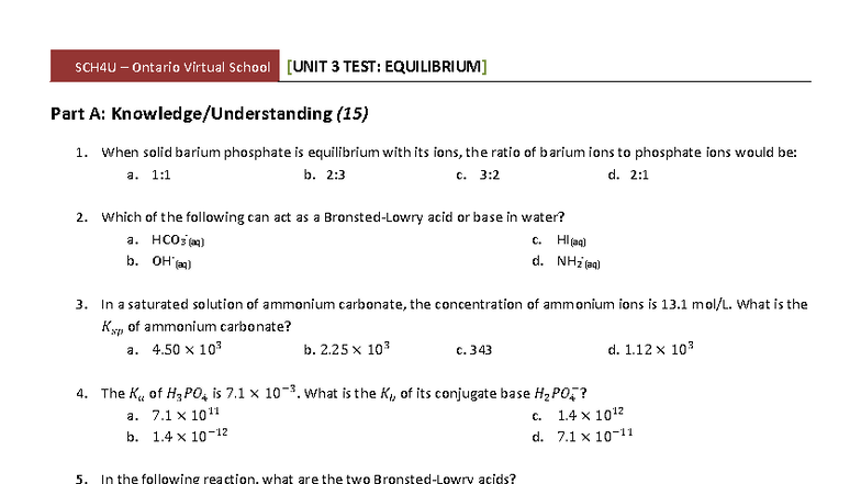 SCH4U Ontario Virtual School 3 TEST: Chemical Equilibrium Concepts ...
