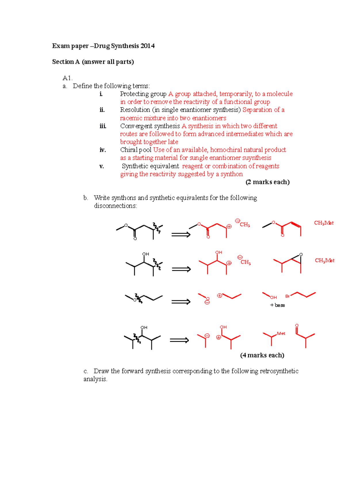 Drug Synthesis Exam 2014: Questions & Answers for Revision - Studocu