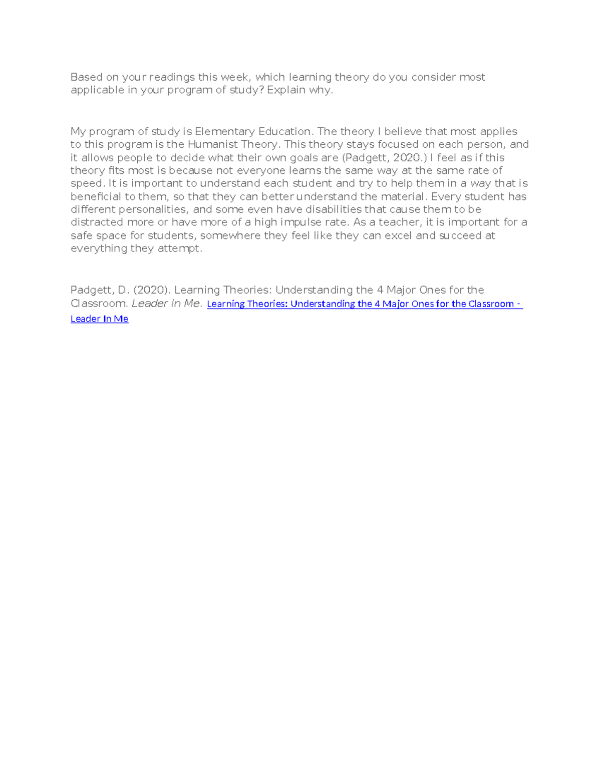 EDU 101 Discussion Questions - Week 1: Humanist Theory in Education ...
