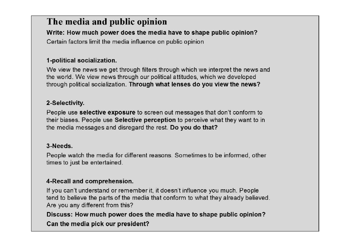 Notes on Media Influence and Public Opinion - AP U.S. Gov & Pol - Studocu