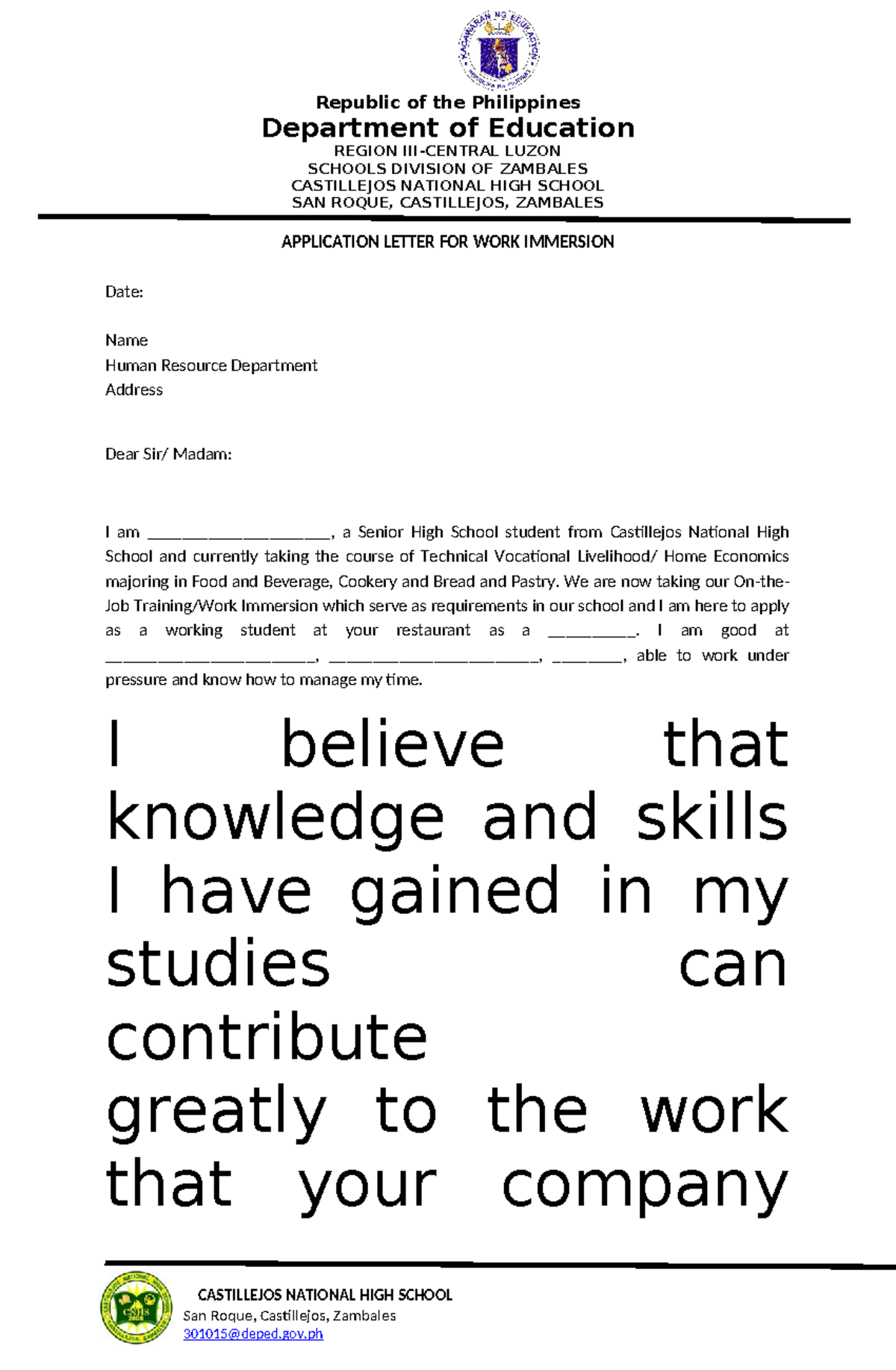 Application Letter for Work Immersion: Senior High School Application ...