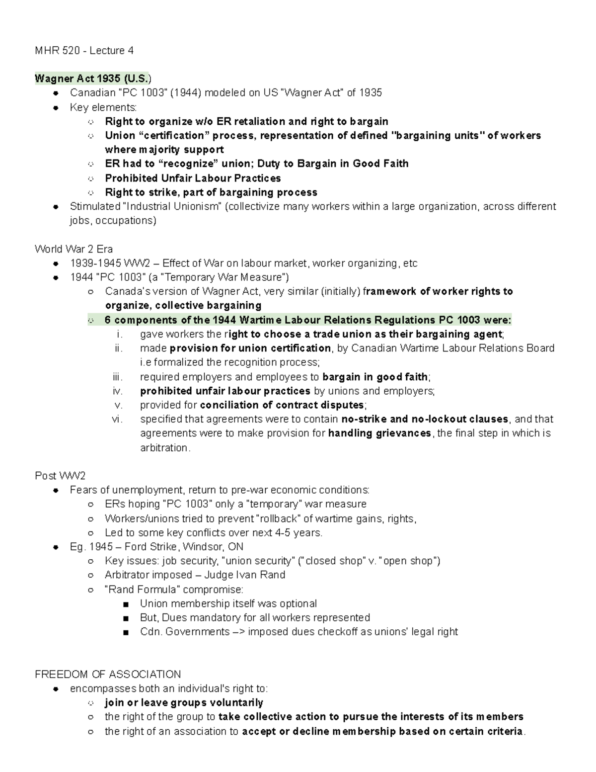 MHR 520 - Lecture 4: The Wagner Act and Fissured Workplaces - Studocu