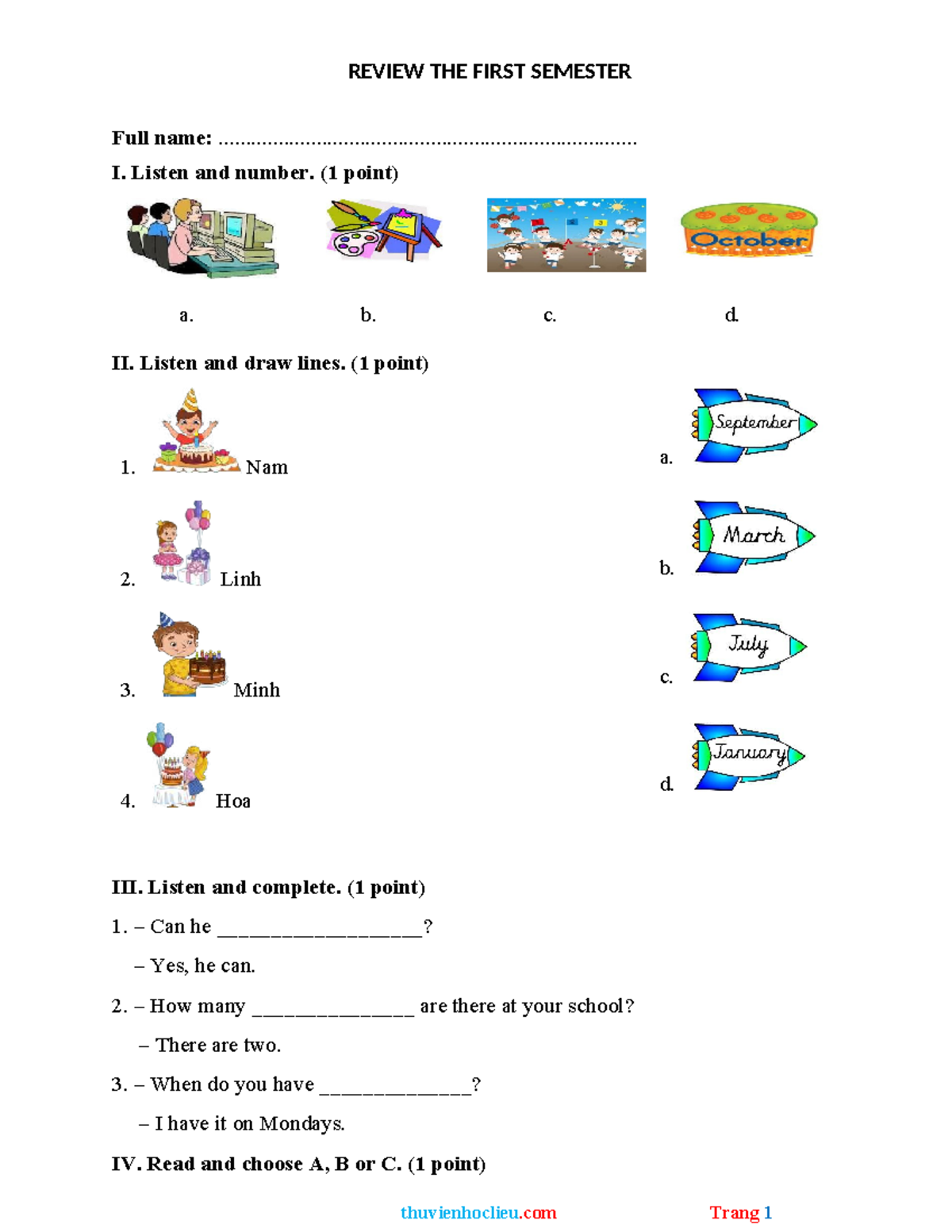 REVIEW THE FIRST SEMESTER - Grade 4 Exam Preparation - Studocu