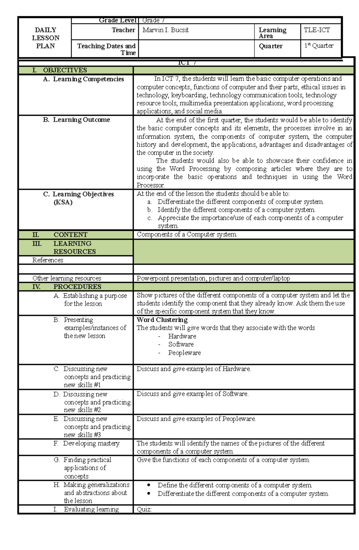 Dll-ict - Ict - DAILY LESSON PLAN Grade Level Grade 7 Teacher Marvin I. Bucsit Learning Area TLE ...