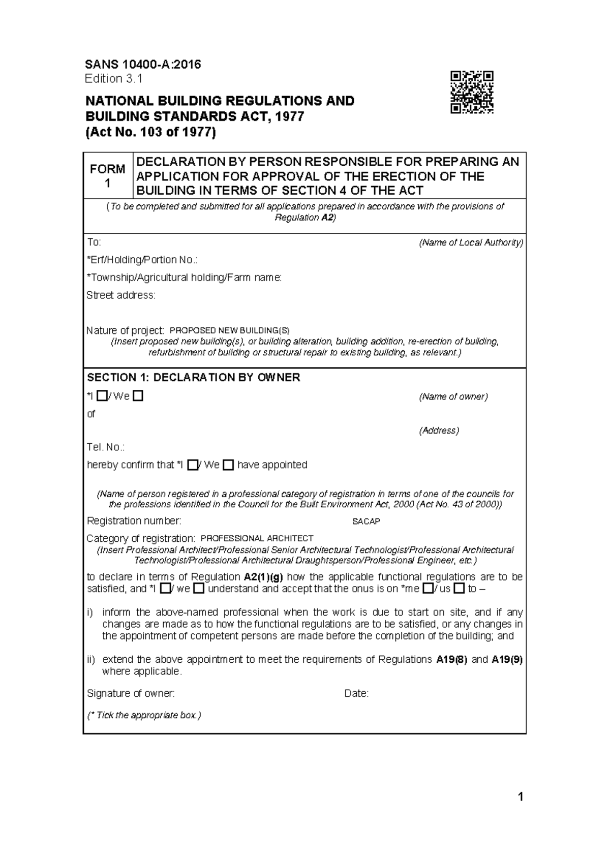 SANS10400 Form 1 - Declaration for Building Approval (Edition 3) - Studocu