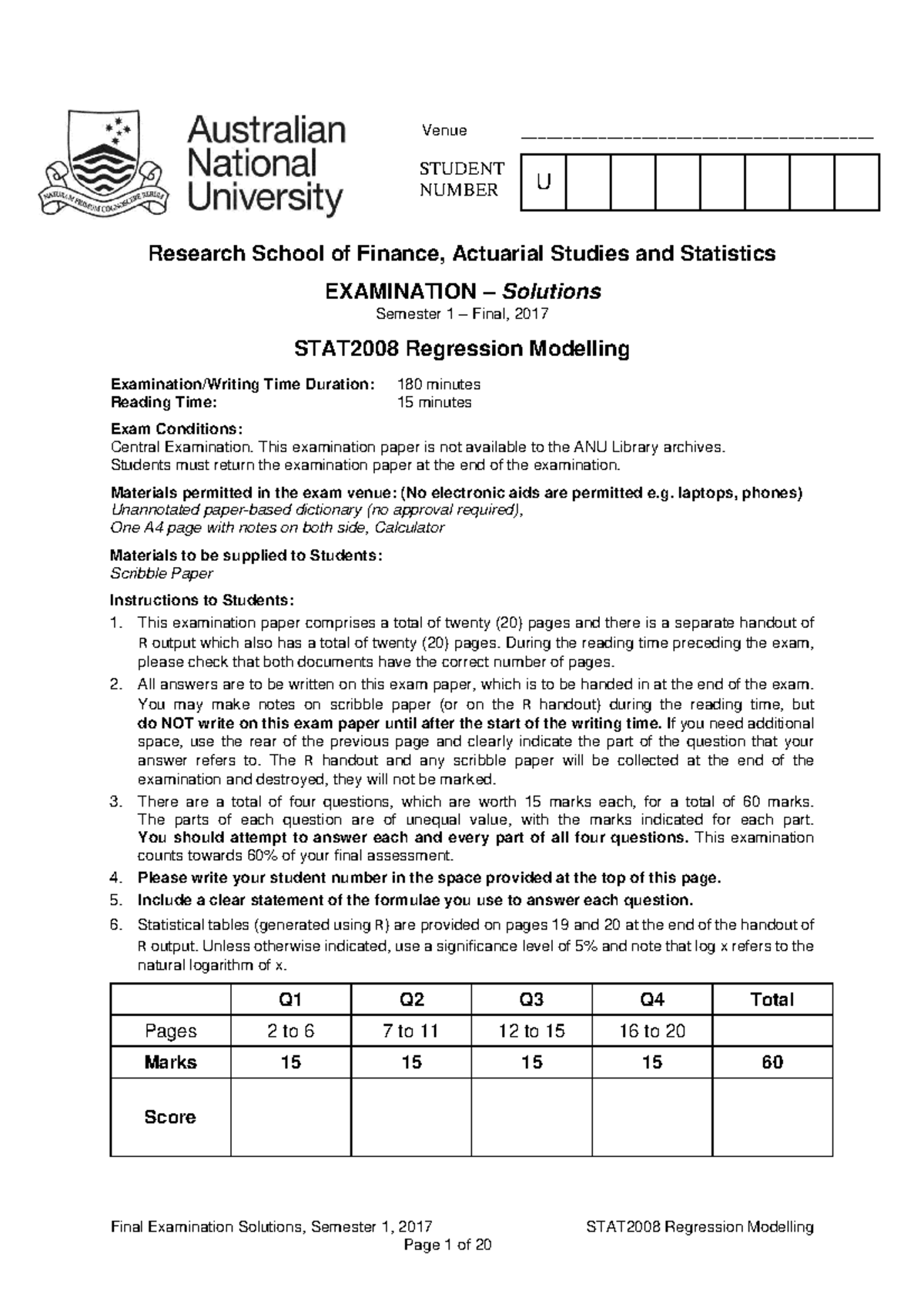 Final 2017, answers - Final Examination Solutions, Semester 1, 2017 ...