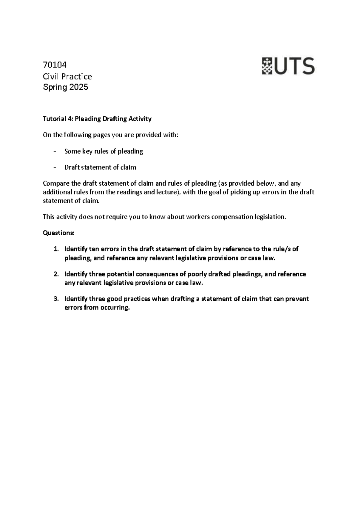 2025 Spring 70104 Civil Practice Tutorial 4: Drafting Pleadings ...
