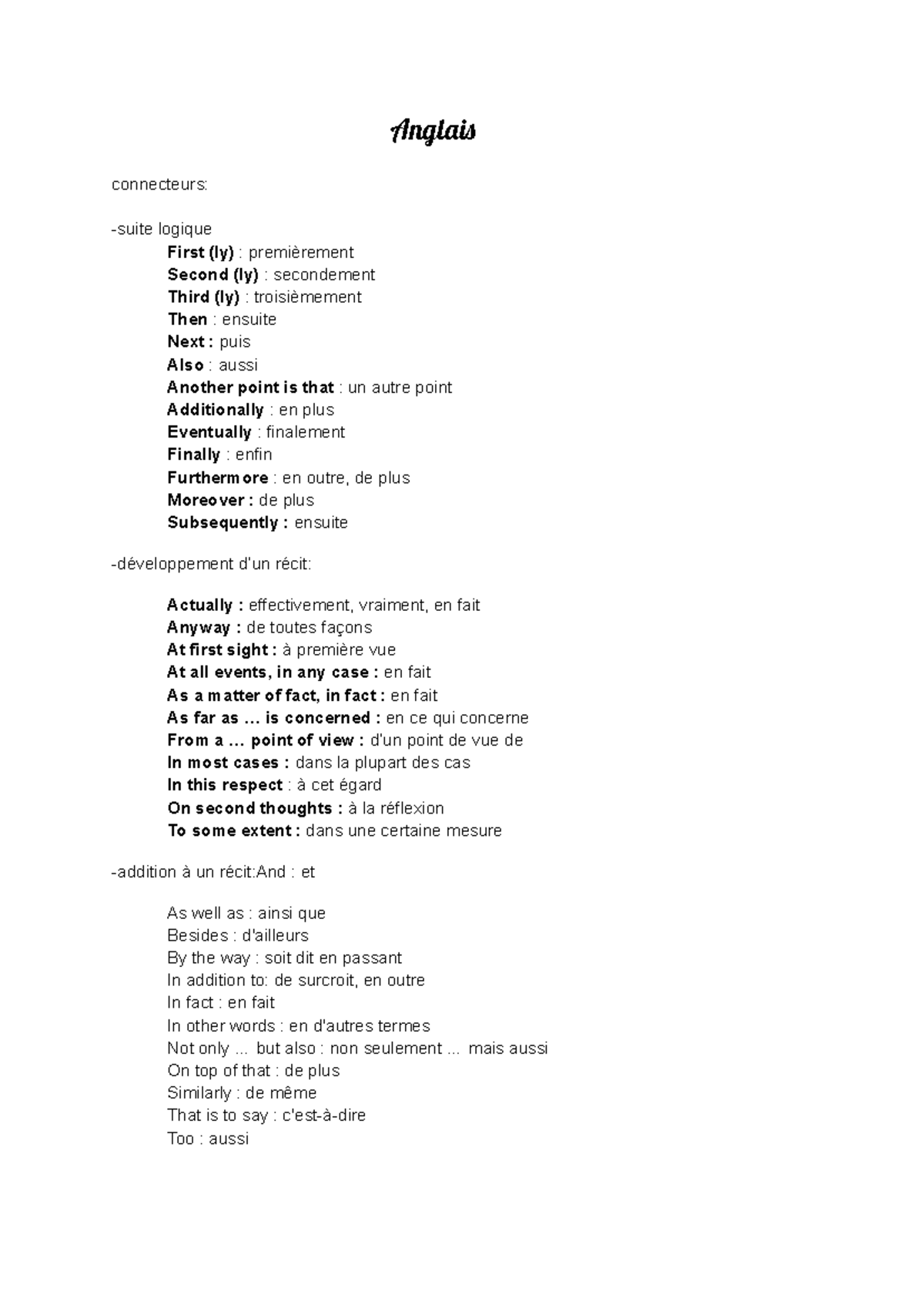 Anglais Mots Utiles pour Dissertation - Liste Complète - Studocu