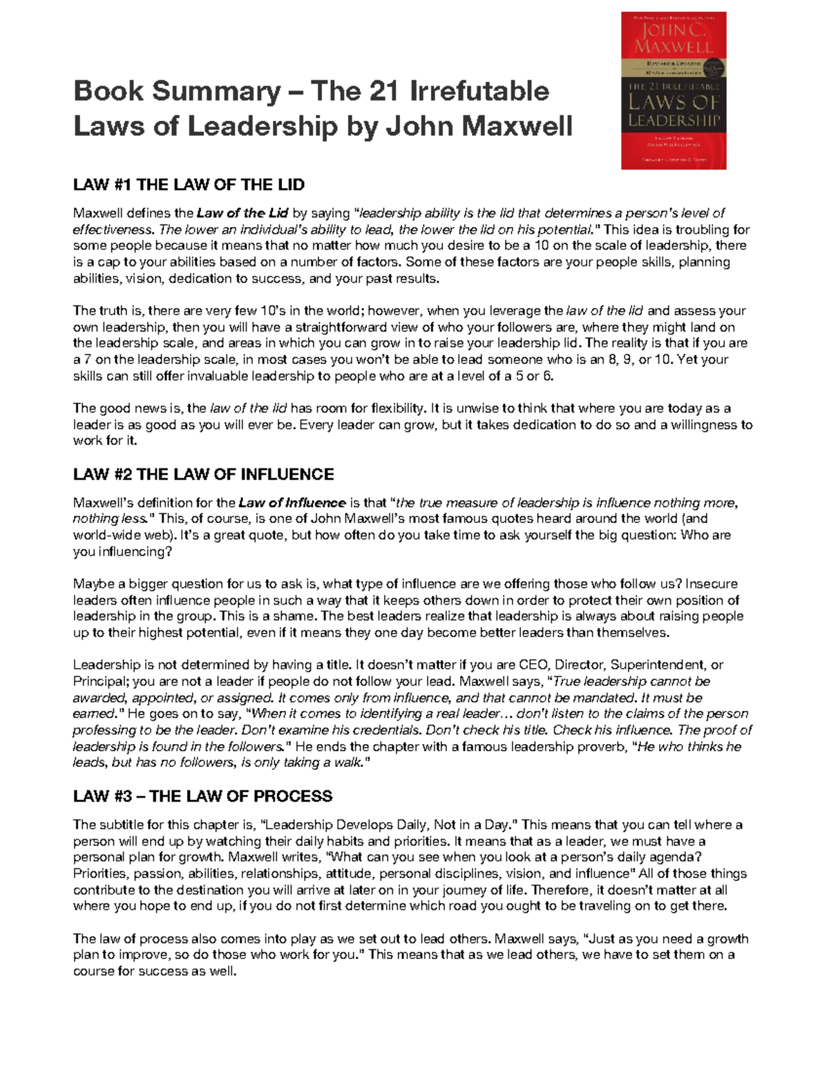 Book Summary: The 21 Irrefutable Laws of Leadership (LAW) - Studocu
