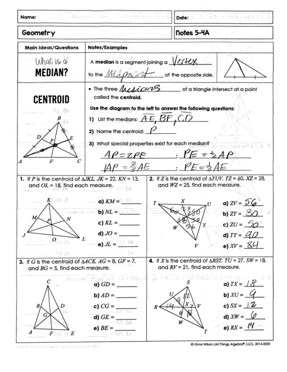 Geometry Lesson 5-4 A-B Notes: Medians and Centroids - Studocu