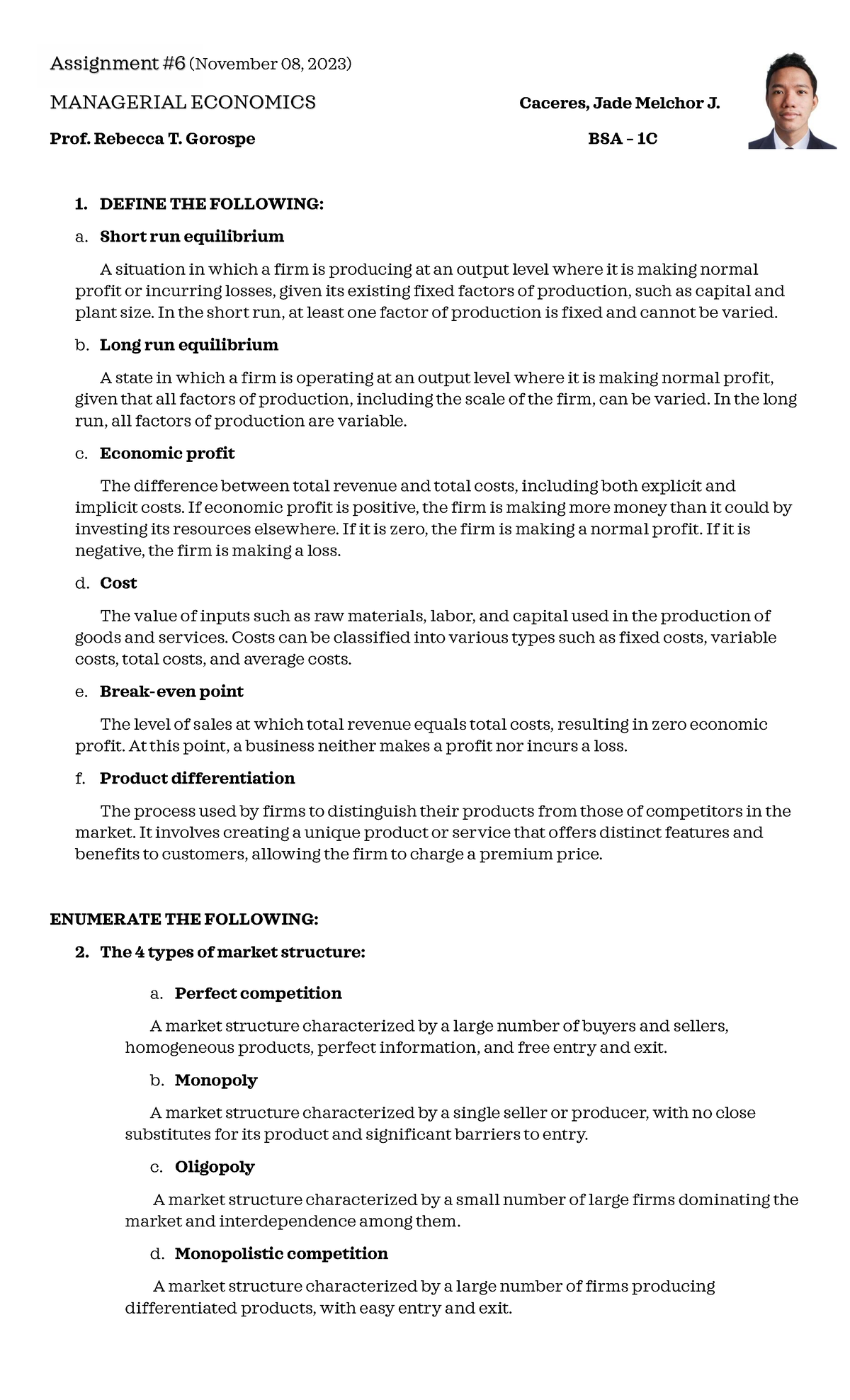 Managerial Economics Assignment (BSA 1C) - Key Concepts & Market ...