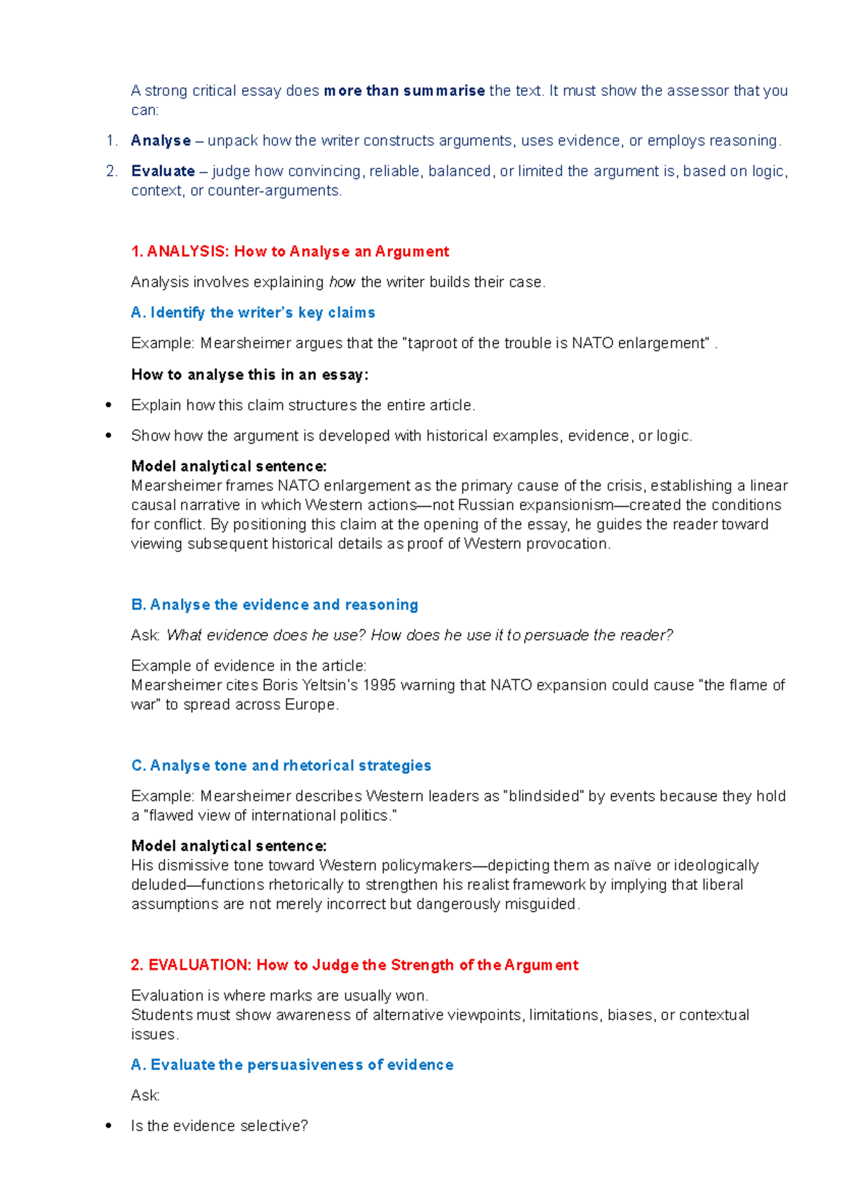Developing Analysis & Evaluation for Critical Essays (ENG 101) - Studocu